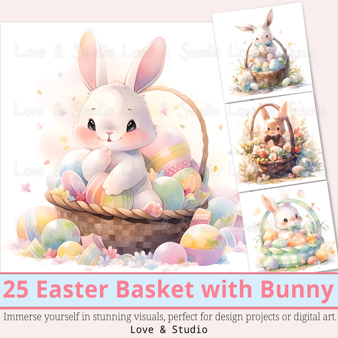 25 Easter Basket With Bunny Clipart, Printable Colorful Delight ...