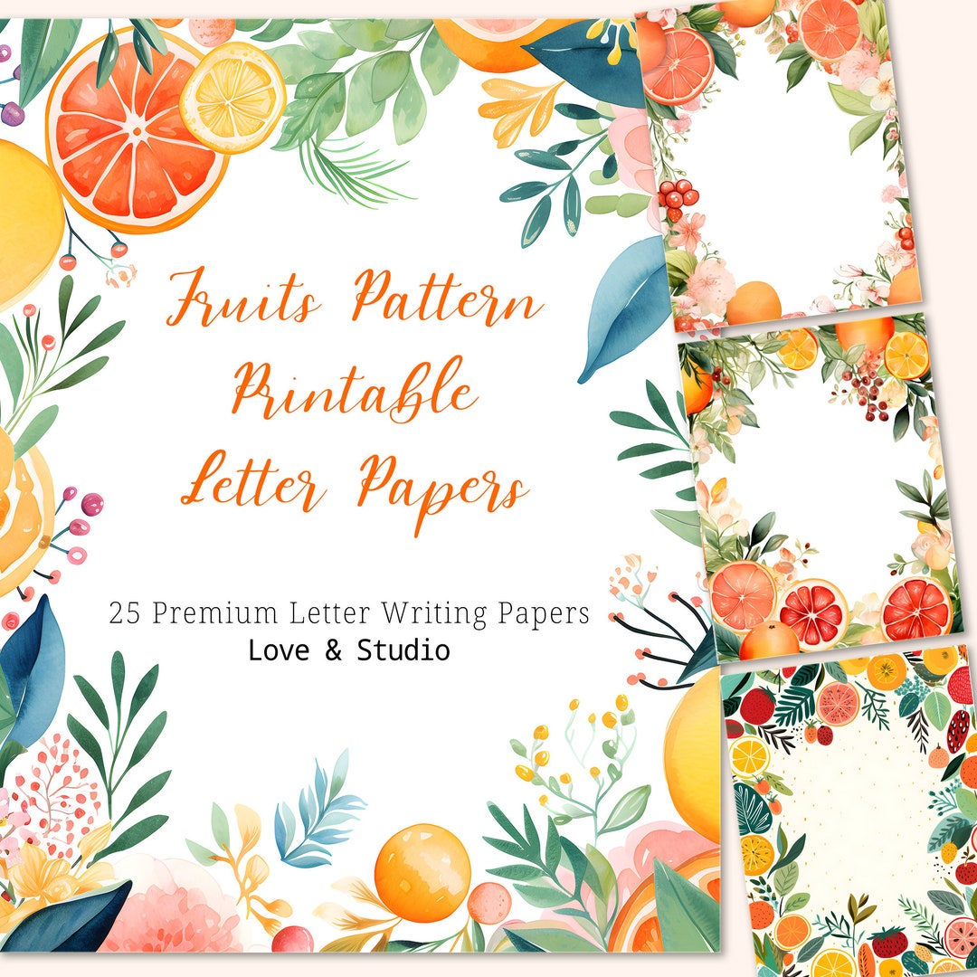 25 Fruits Pattern Printable Letter Paper, Watercolor Page Border ...