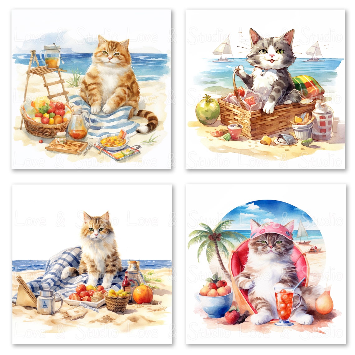 20 Cat on the Beach Clipart, Cute Kitten on Summer Vacation, Digital ...