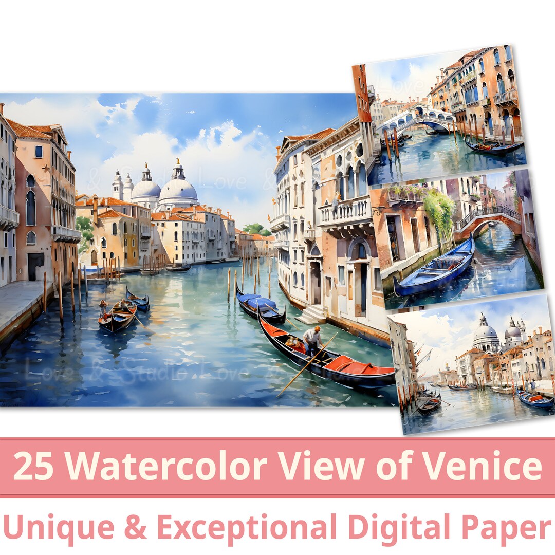 25 View of Venice Italy Digital Paper, Watercolor With Pen Brush Street ...