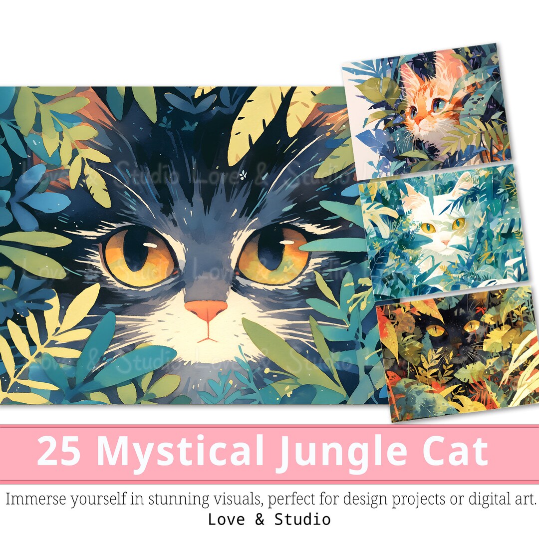 25 Mystical Jungle Cat Digital Paper, Whimsical Feline Digital Paper ...