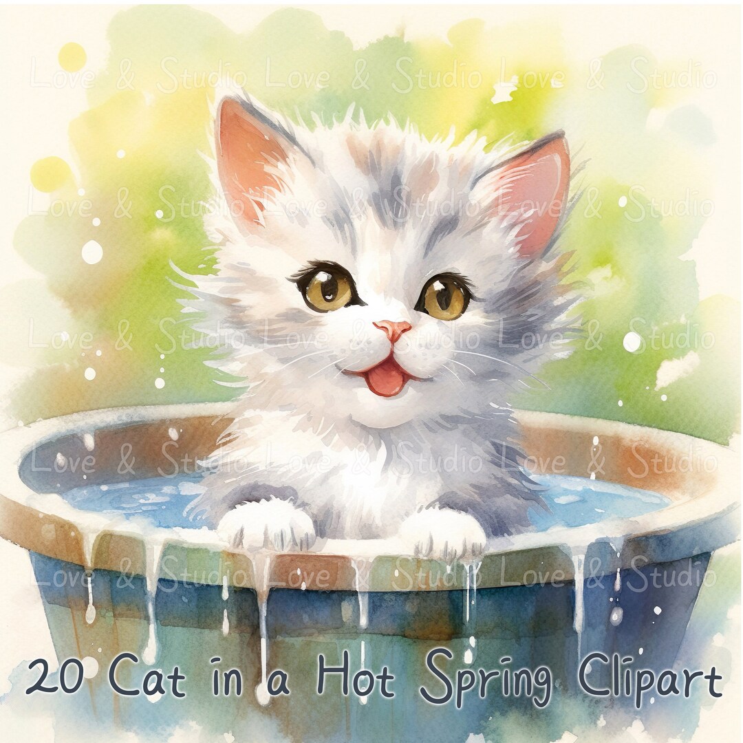 20 Kitten in a Hot Spring Clipart, Digital Cat Watercolor, High-quality ...