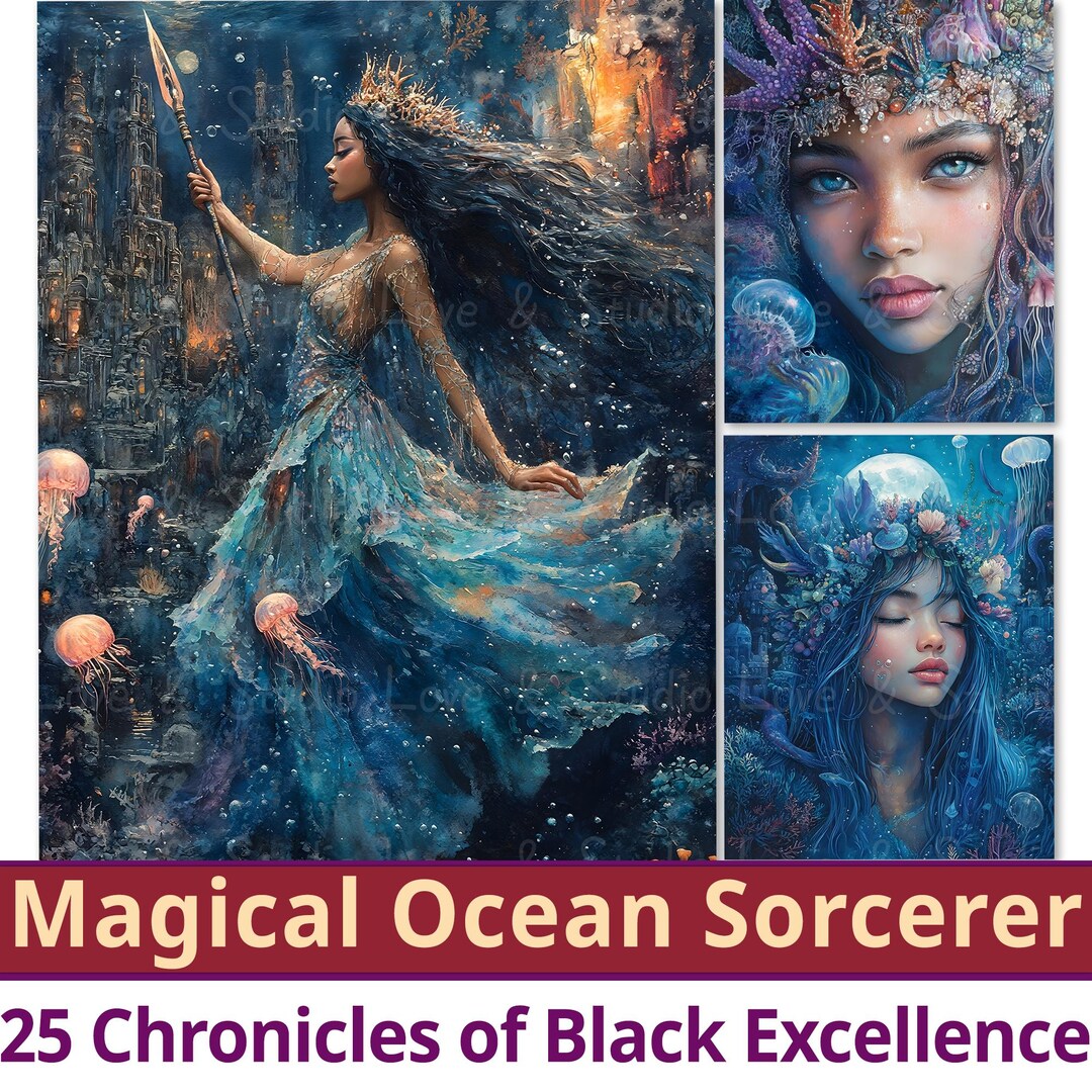 25 Magical Ocean Sorcerer Digital Paper, Fantasy Chronicles of Black ...