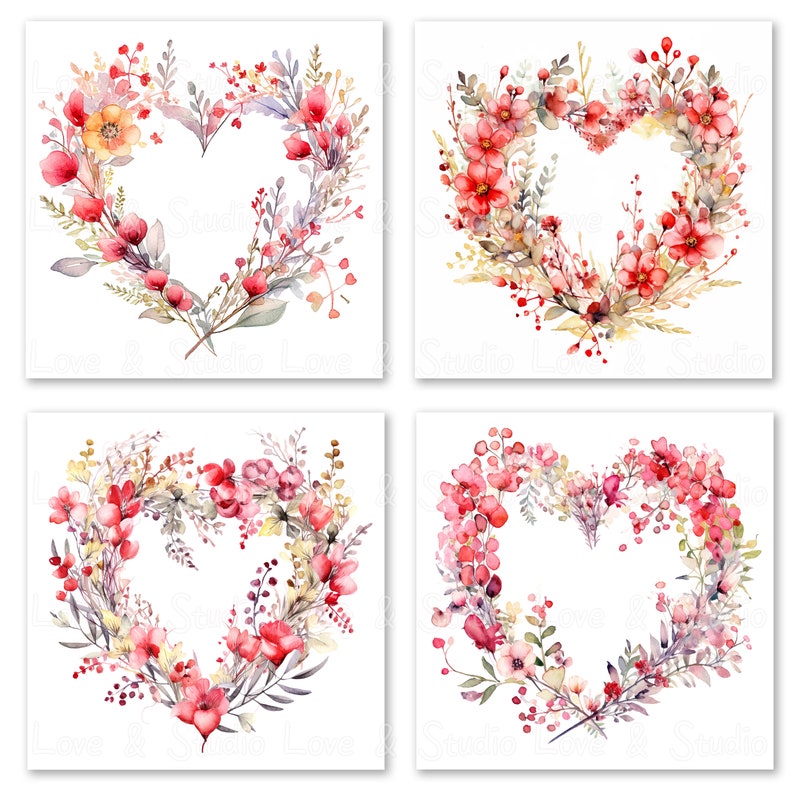 25 Pastel Flower Heart Wreath Clipart. Digital Valentine's Day ...