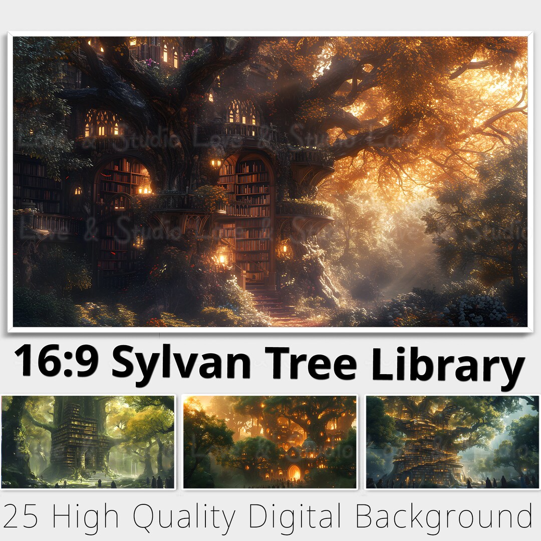 16:9 Sylvan Tree Library in the Forest Digital Paper. 25 Printable ...