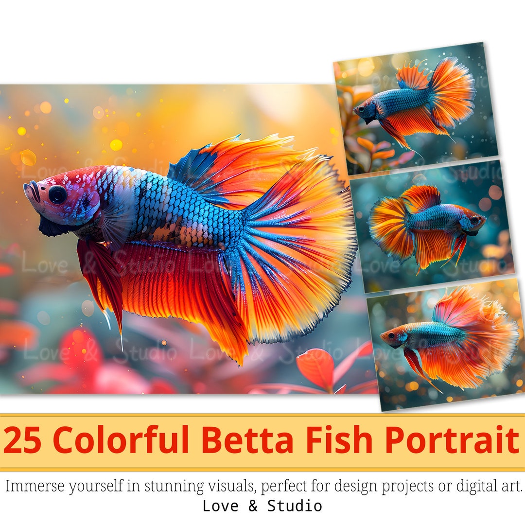 25 Colorful Betta Fish Portrait Digital Paper, Printable Realistic Fish ...