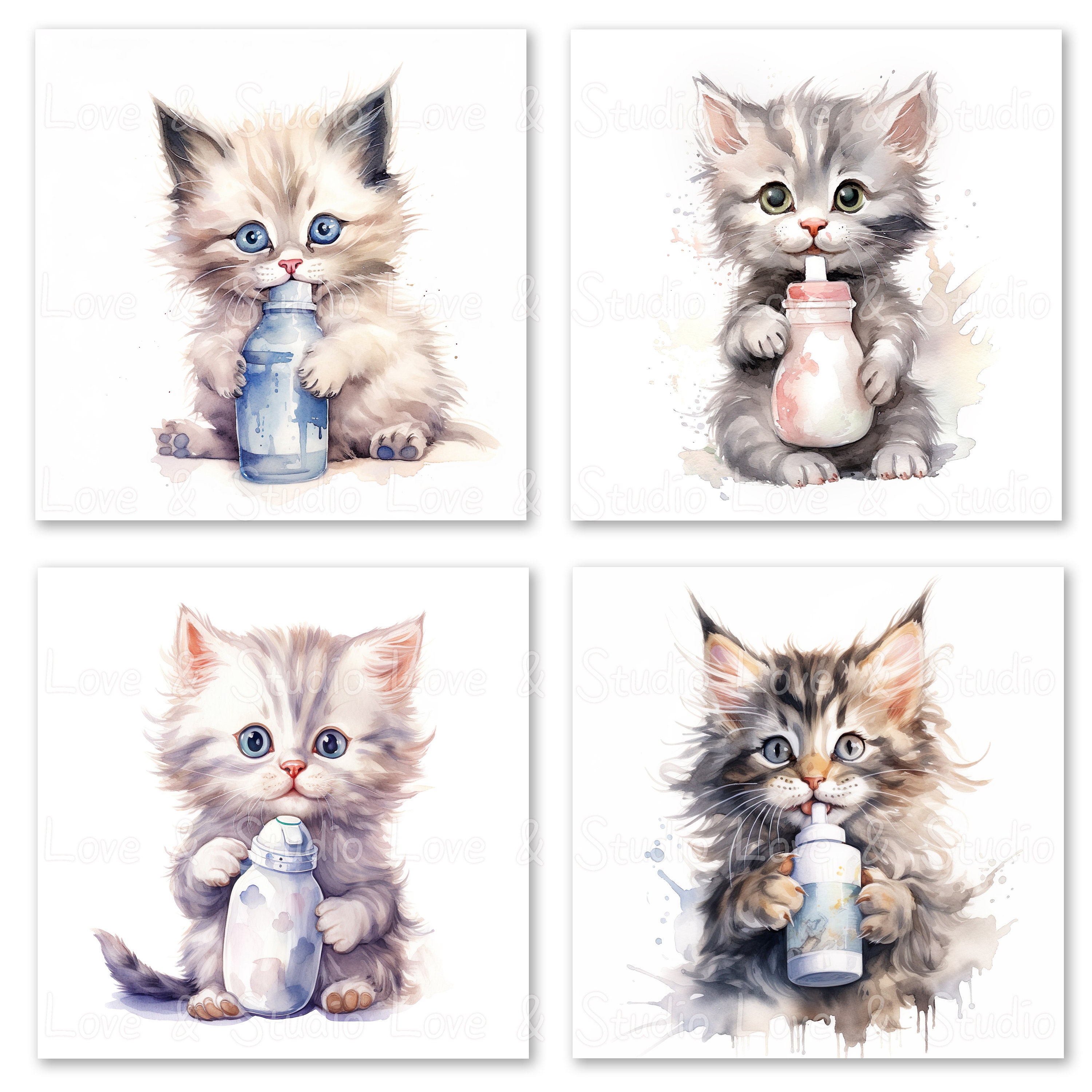 20 Kitten With Baby Bottle Clipart, Cute Baby Cat Illustration, Digital ...