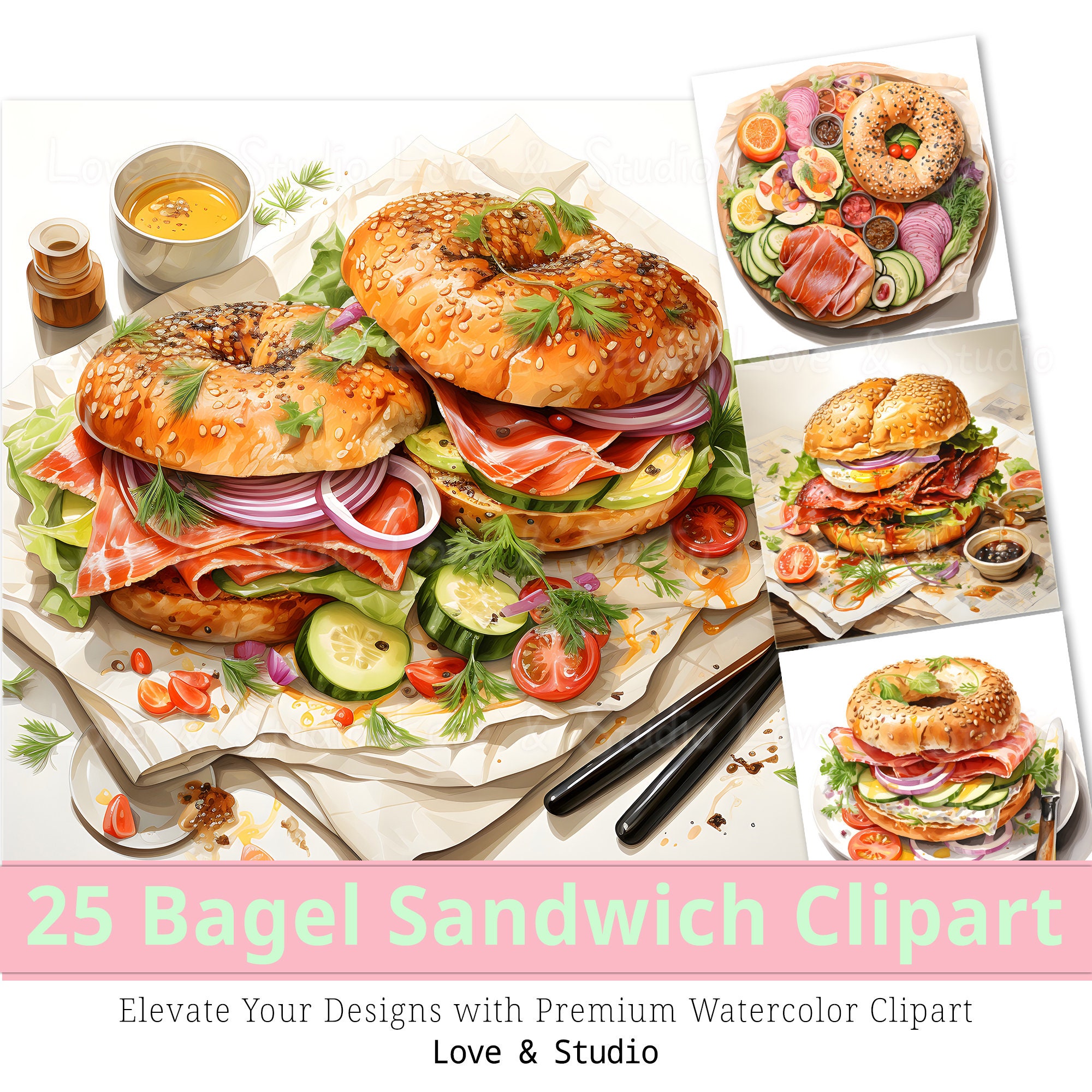 25 Bagel Sandwich Watercolor Clipart, Indulgent Brunch Digital Paper ...