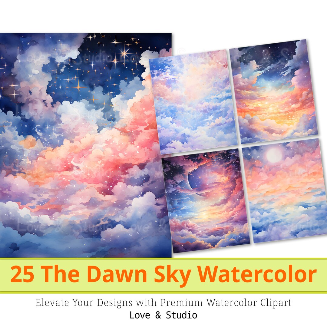 25 Watercolor the Dawn Sky Digital Paper. Fantastic Cloudy Heaven ...