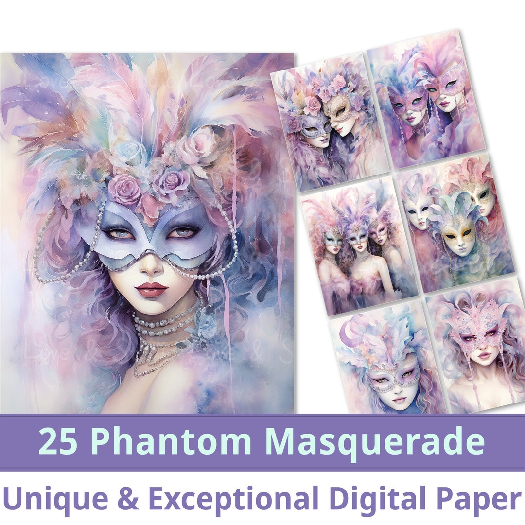 25 Phantom Masquerade Digital Paper, Soft Pastel Shade Watercolor ...