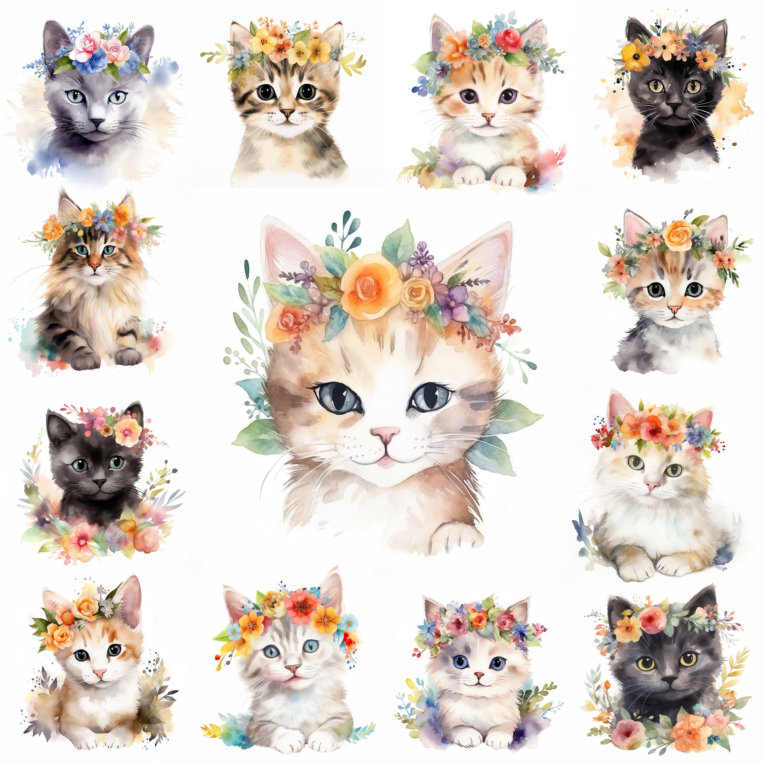 40 Cat Clipart Commercial Use Cute Kitten With Flower Crown - Etsy