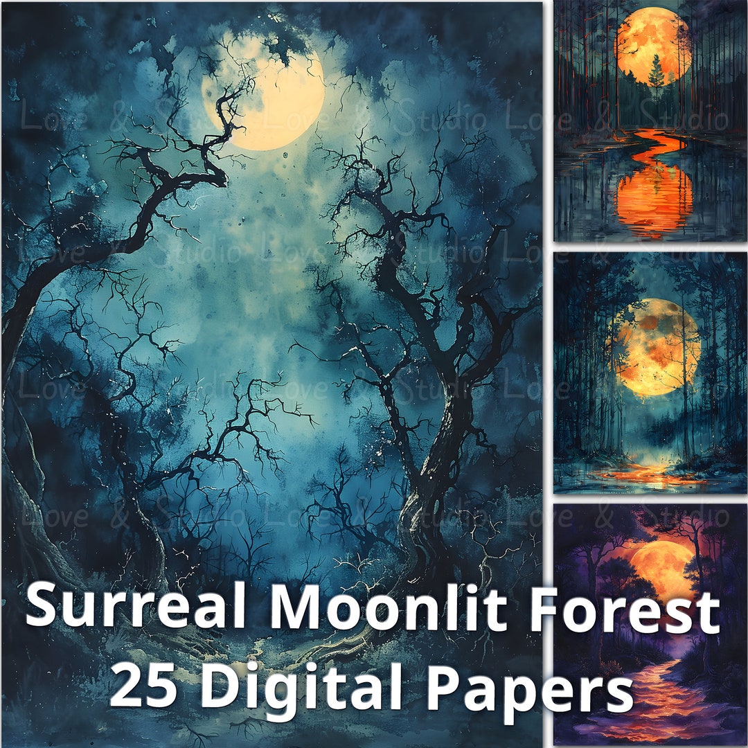 25 Surreal Moonlit Forest Digital Paper, Dark Fantasy Backdrop. Chilly ...