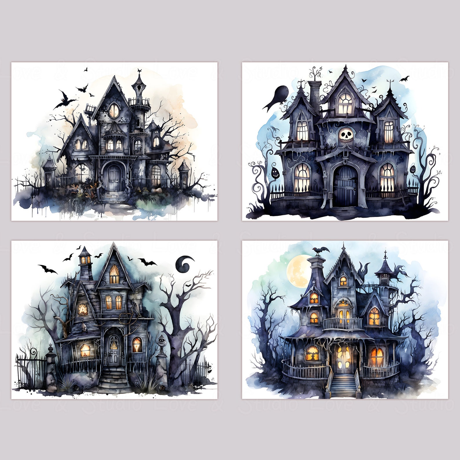 25 Skeleton Haunted House Clipart, Printable Halloween Wall Art ...
