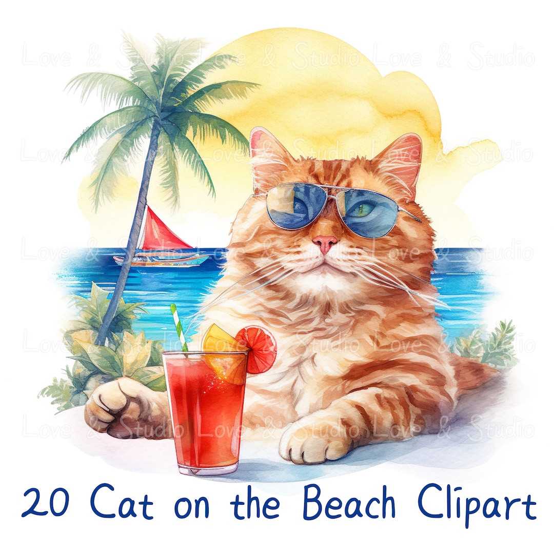 20 Cat on the Beach Clipart, Cute Kitten on Summer Vacation, Digital ...