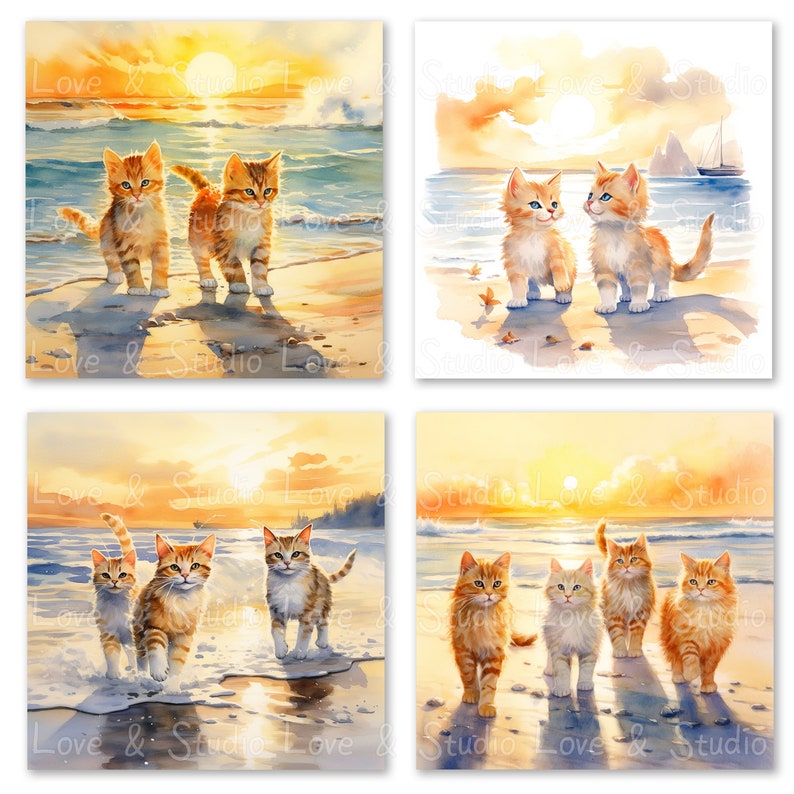 20 Cat on the Beach Clipart, Cute Kitten on Summer Vacation, Digital ...