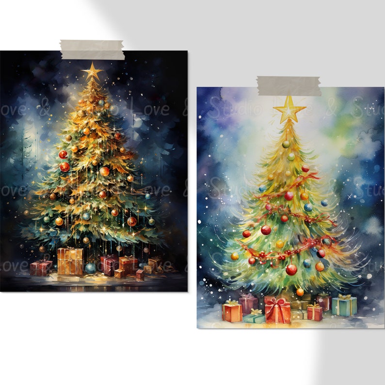 25 Watercolor Christmas Tree Digital Paper, Colorful Ornament ...