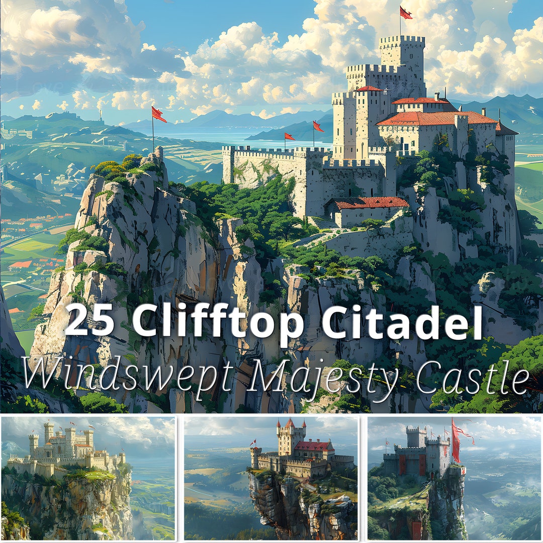 25 Clifftop Citadel Digital Paper, Printable Fantasy Background, Majestic Landscape Backdrop ...