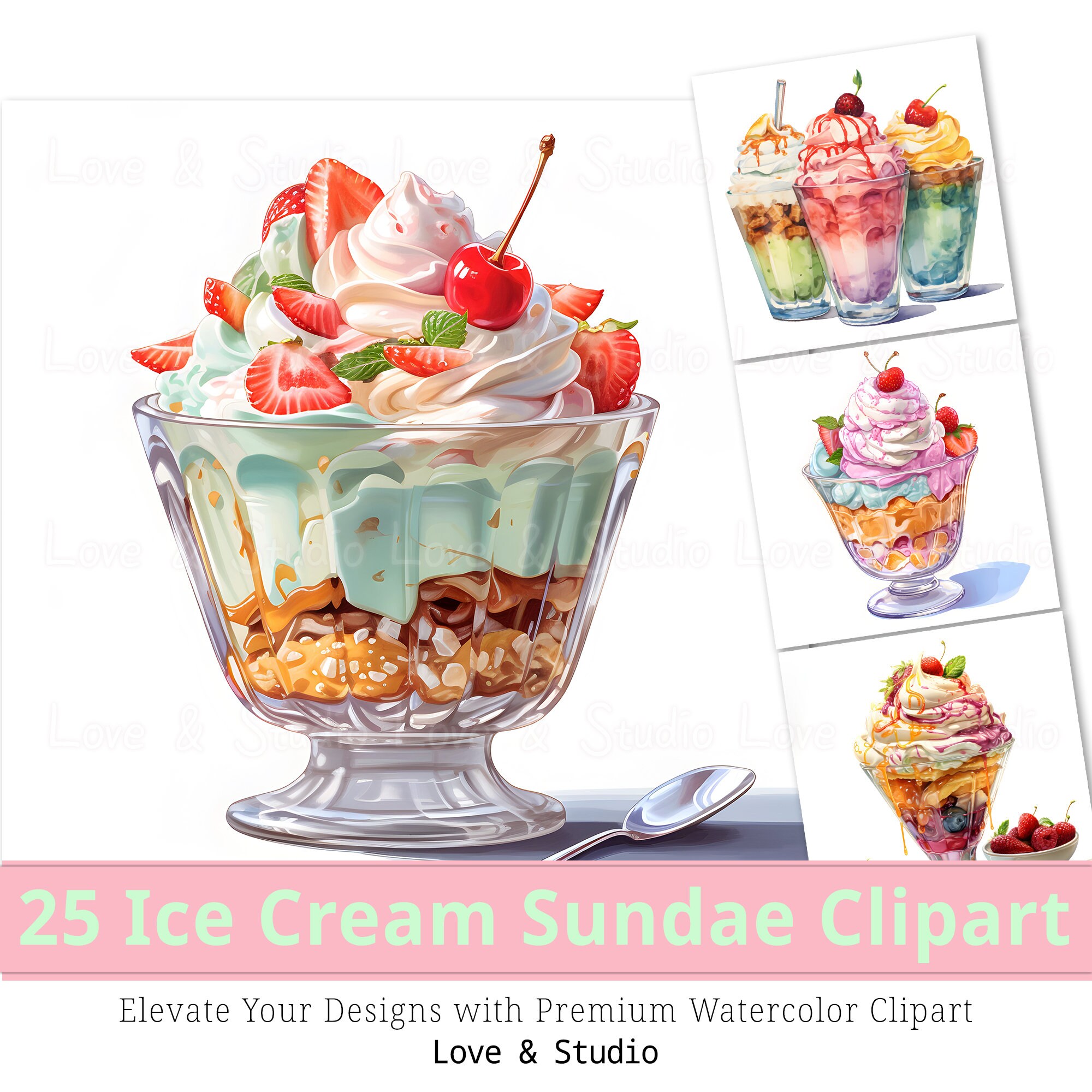 25 Ice Cream Sundae Watercolor Clipart, Sweet Desserts Printable ...