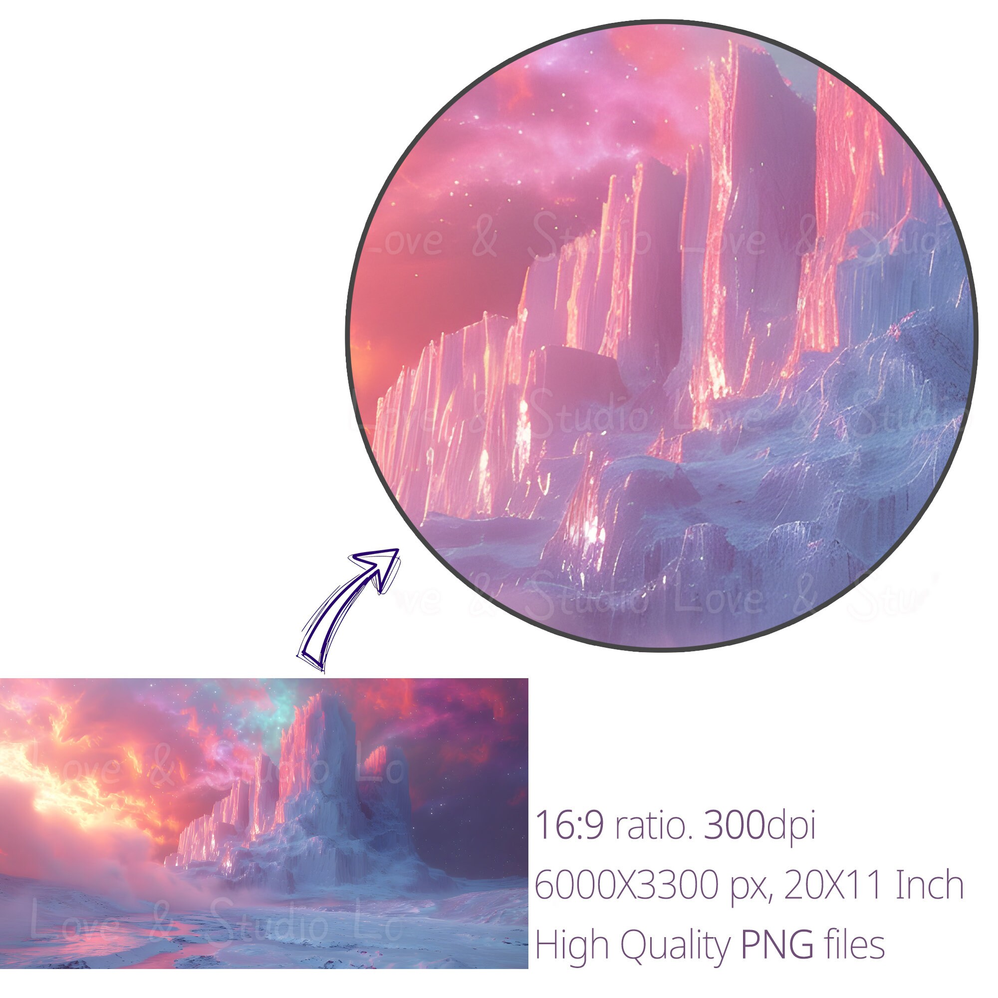 16:9 Ice Aurora Mirage Digital Background. 25 Printable Landscape ...