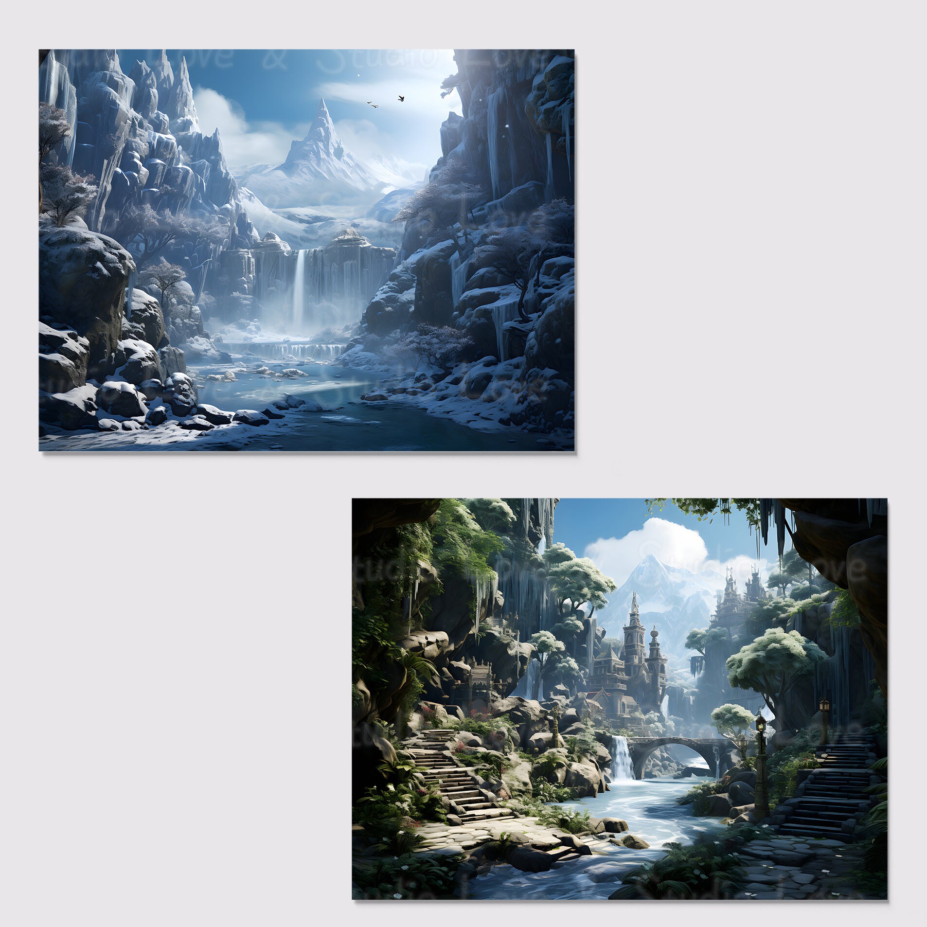 25 Frozen Waterfall Oasis Digital Paper, Amazing Fantasy Background ...