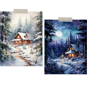 25 Log Cabins in the Snowy Forest Digital Paper, Watercolor Winter ...