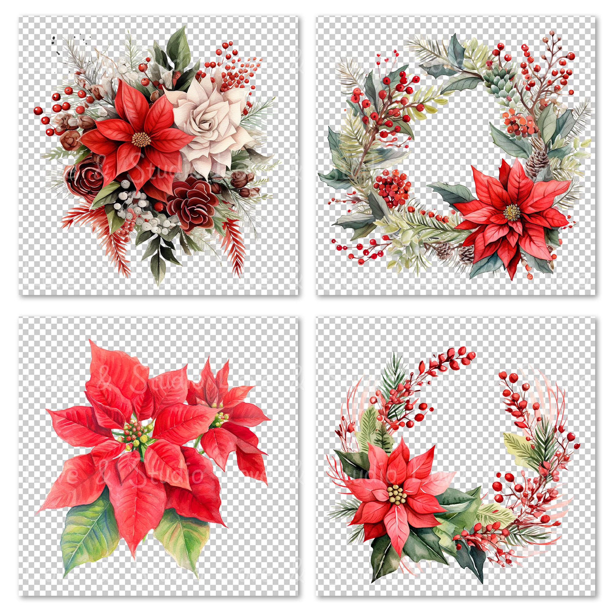 25 Watercolor Poinsettia Clipart, Christmas Party Digital Supply ...