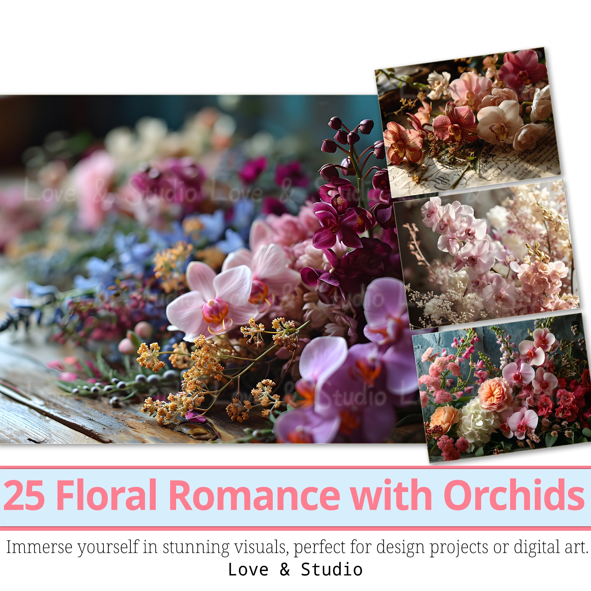 25 Floral Romance With Orchids Digital Paper, Card Design for Valentine Romantic Flower Clipart ...