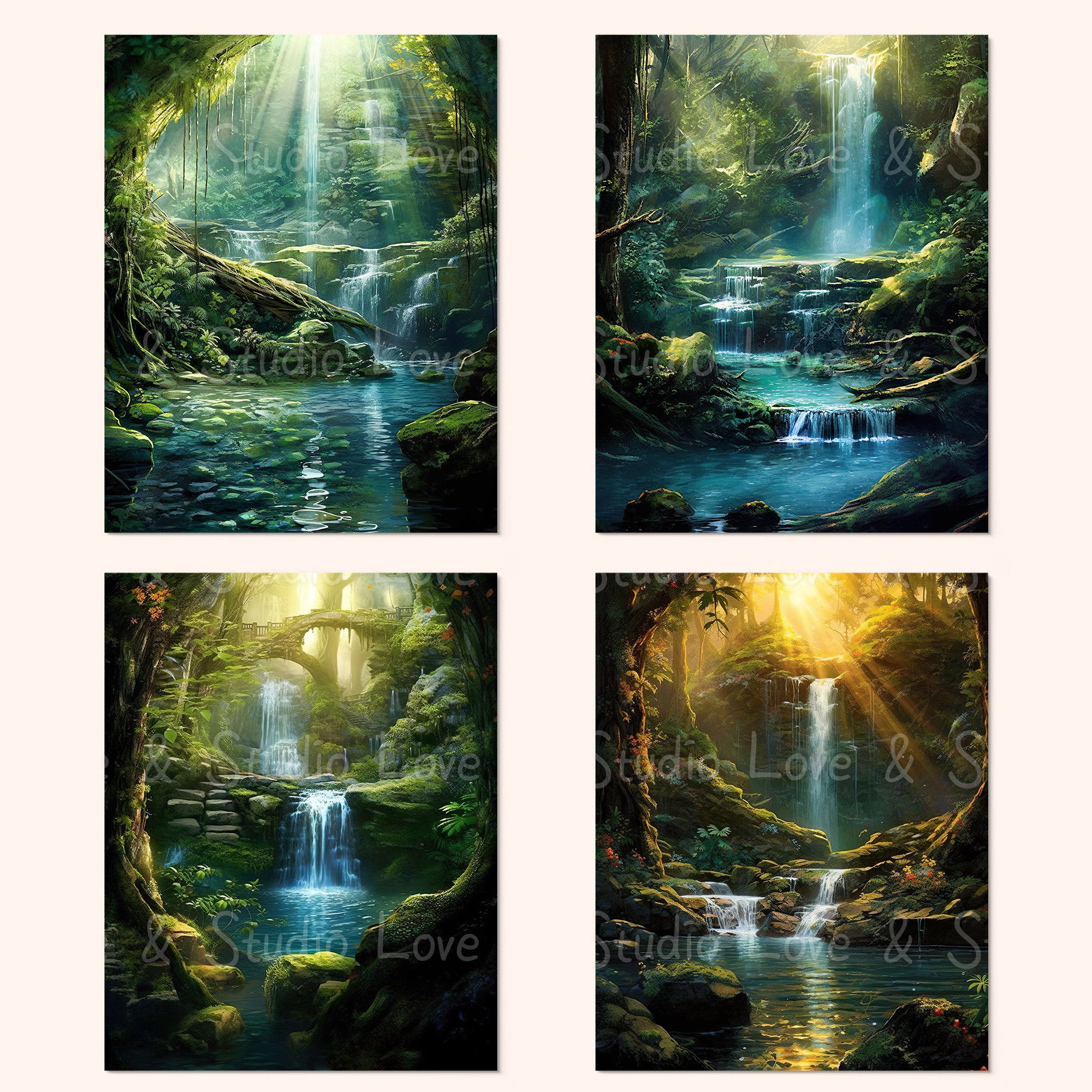 25 the Mythical Waterfall Digital Paper, an Enchanted Forest Background ...