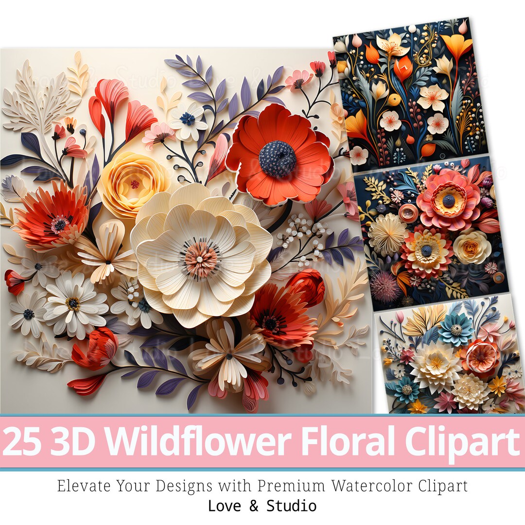 25 3D Floral Digital Paper, Wildflower Flower Medley Background, 20X20 ...