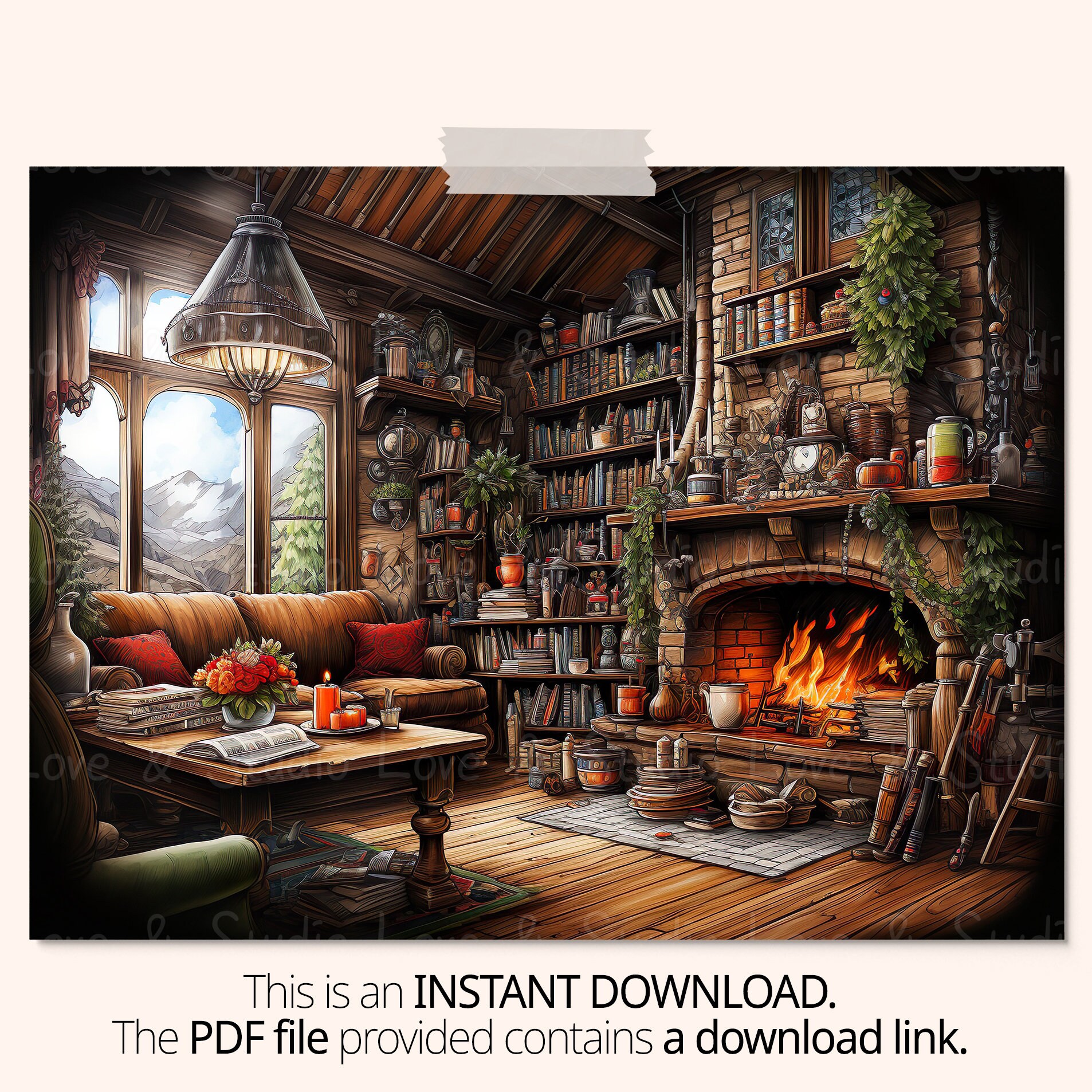 25 Christmas Cozy Fireplace Scene Digital Paper, Watercolor Xmas Party ...
