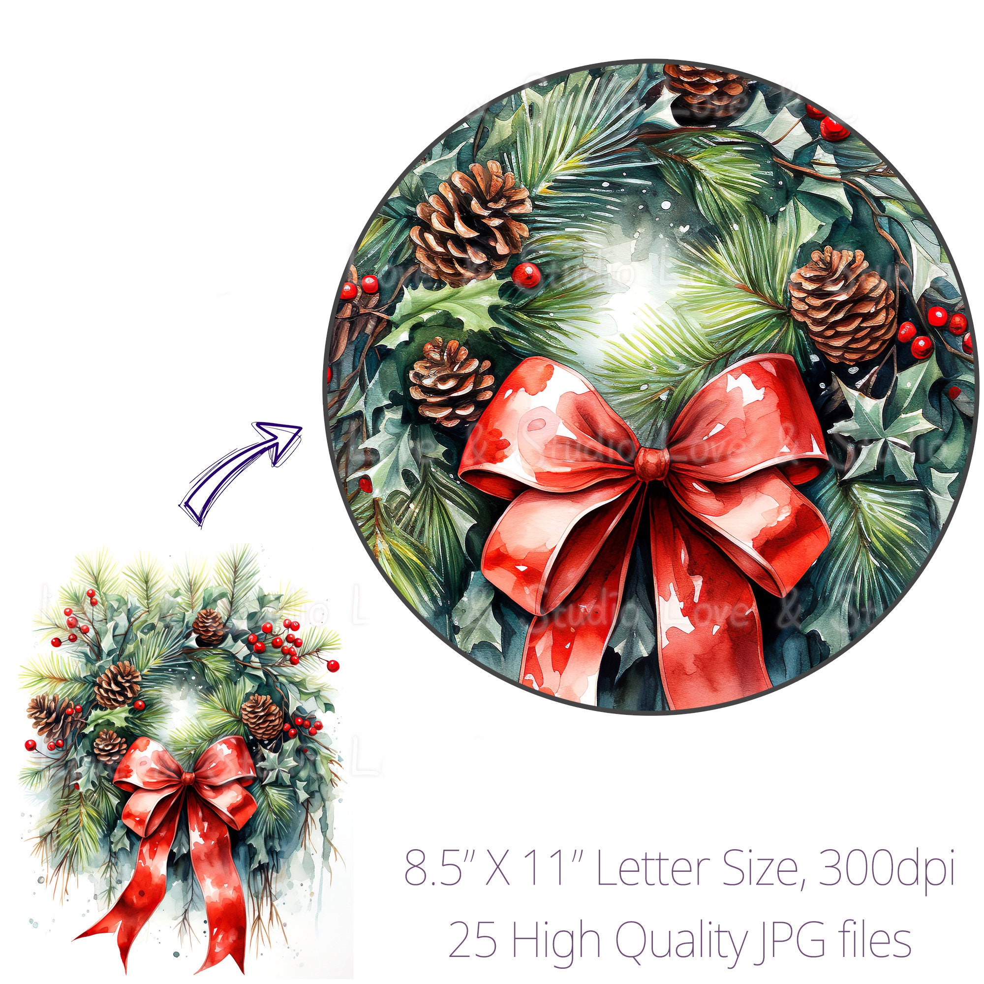 25 Christmas Red Bow Wreath Digital Paper, Watercolor Christmas Party ...
