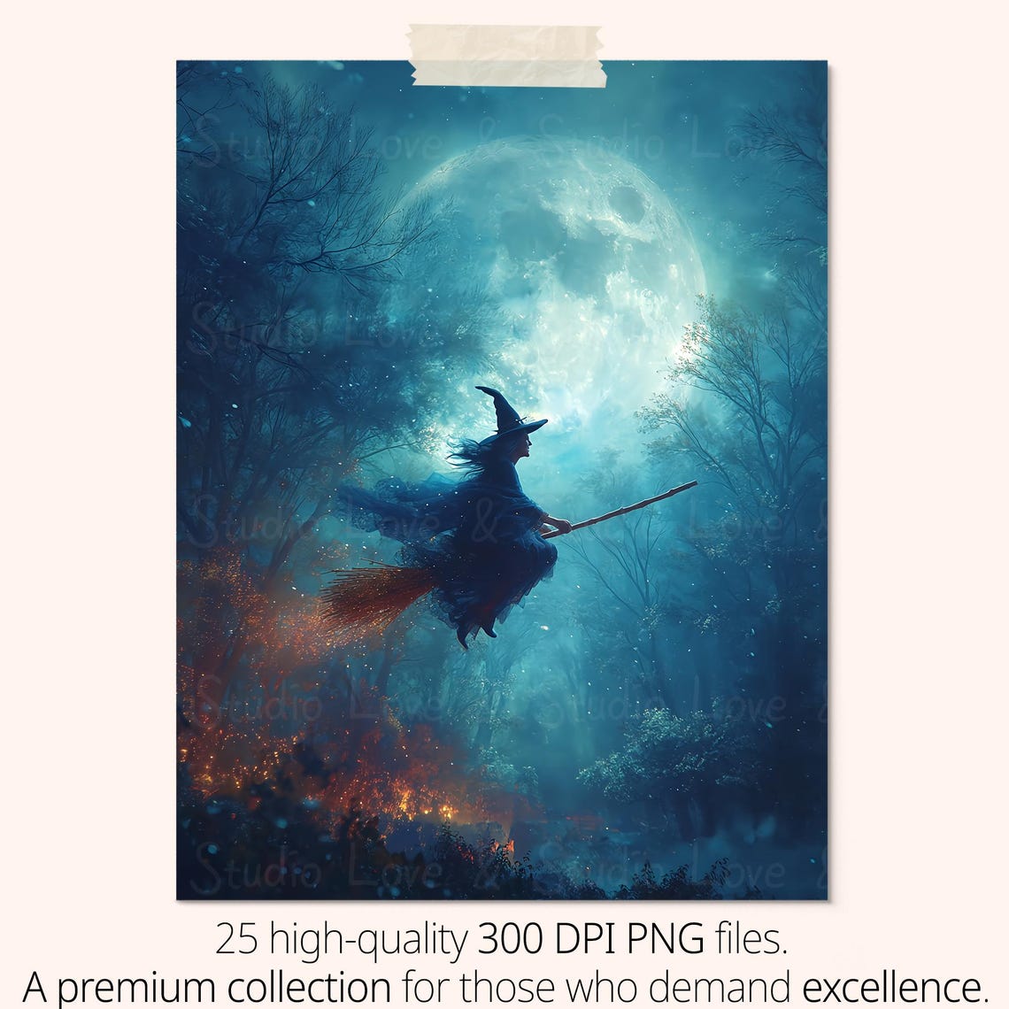 25 Witch Flying on a Broomstick Digital Paper, Printable Dark Fantasy ...