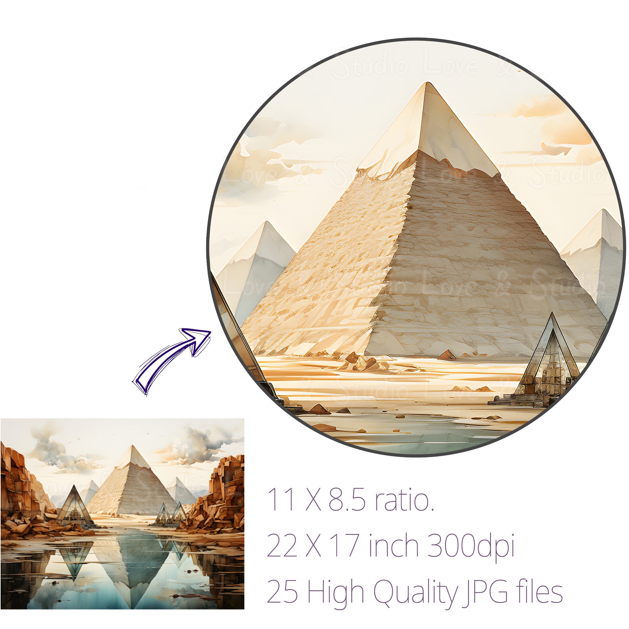 25 the Pyramids in Egypt Digital Paper, Watercolor Desert Landscapes ...