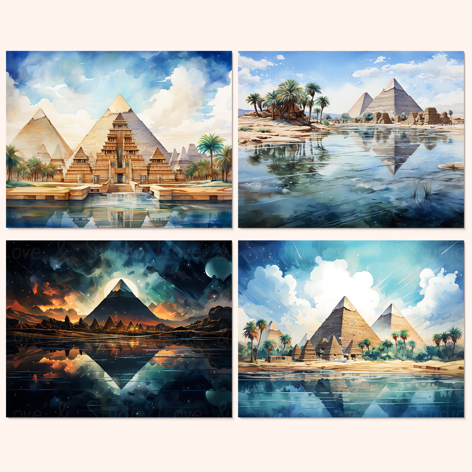 25 the Pyramids in Egypt Digital Paper, Watercolor Desert Landscapes ...