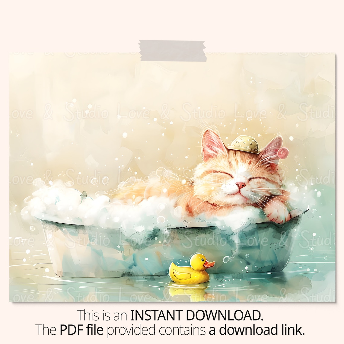 25 Happy Cat Bath Time Digital Paper, Lovely Fellin Watercolor ...