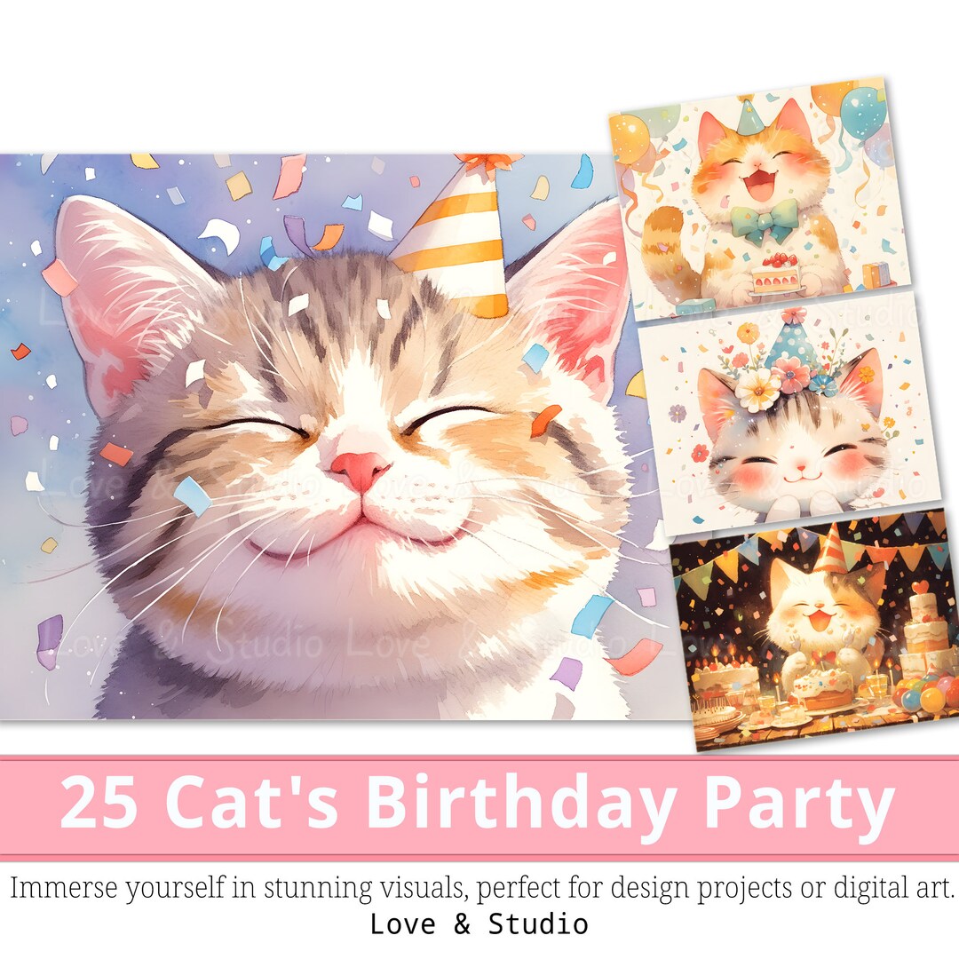 25 Cat's Birthday Party Digital Paper, Whimsical Feline Clipart ...