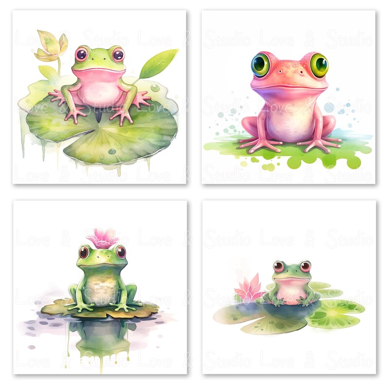 20 Cute Pink Frog Watercolor Clipart, Frog on the Lily Pad Illustration ...