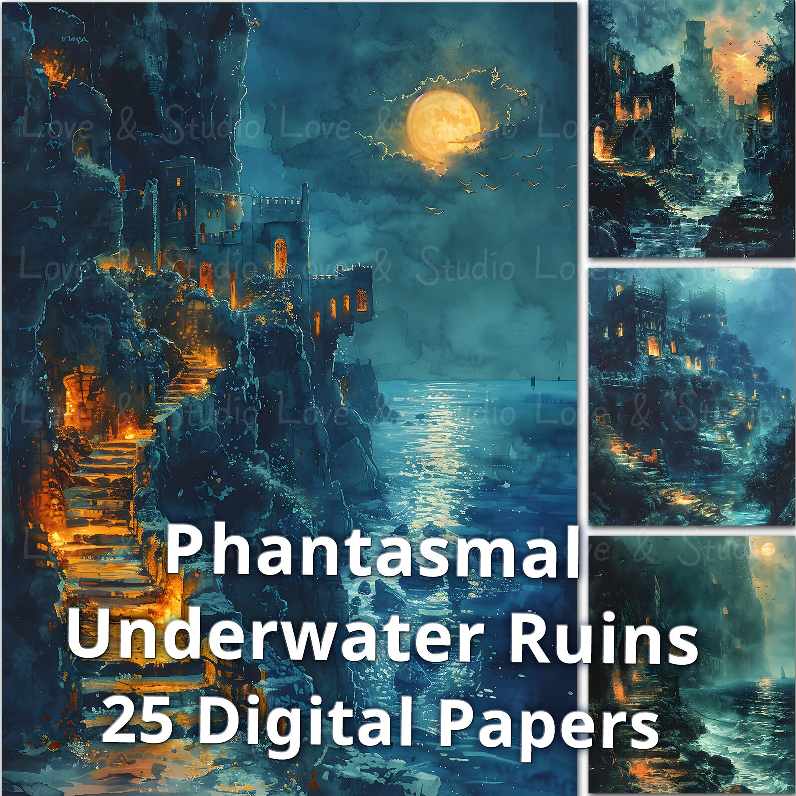 25 Phantasmal Underwater Ruin Digital Paper, Dark Fantasy Backdrop ...
