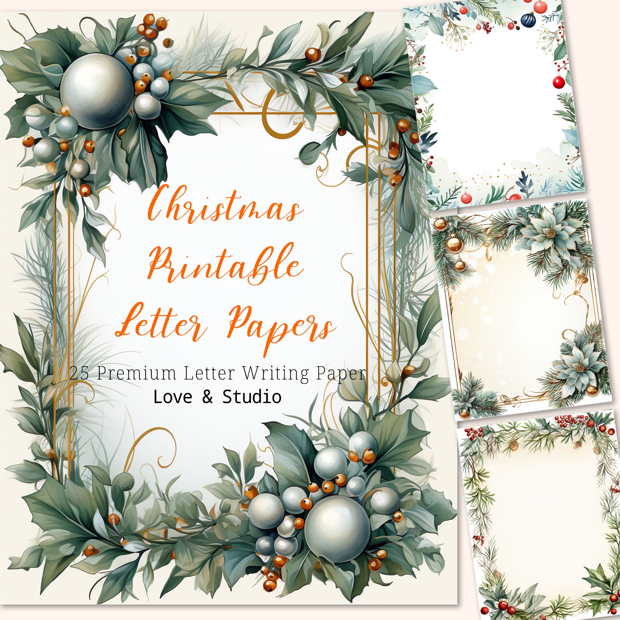 25 Christmas Printable Letter Paper, Watercolor X-mas Page Border ...