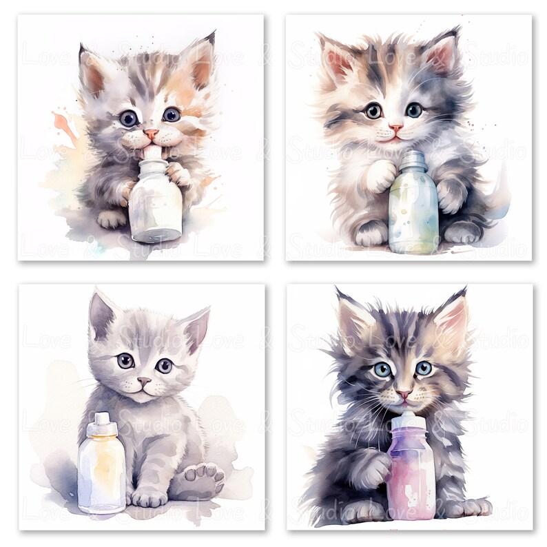 20 Kitten With Baby Bottle Clipart, Cute Baby Cat Illustration, Digital ...