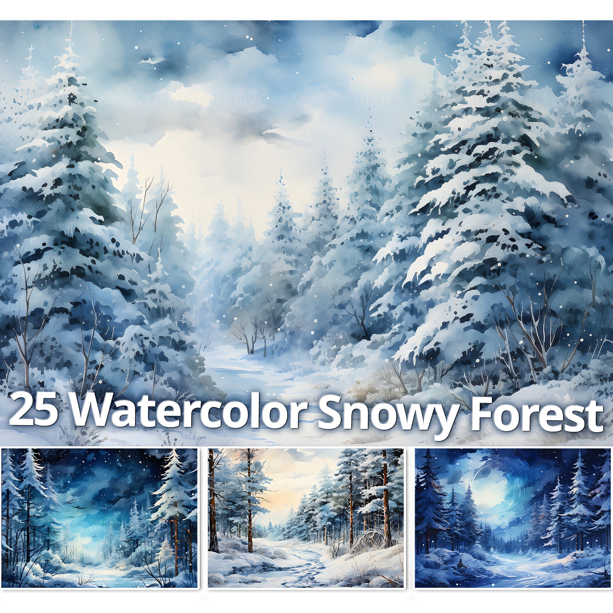 25 Watercolor Snowy Pine Forest Digital Paper, Winter Background ...