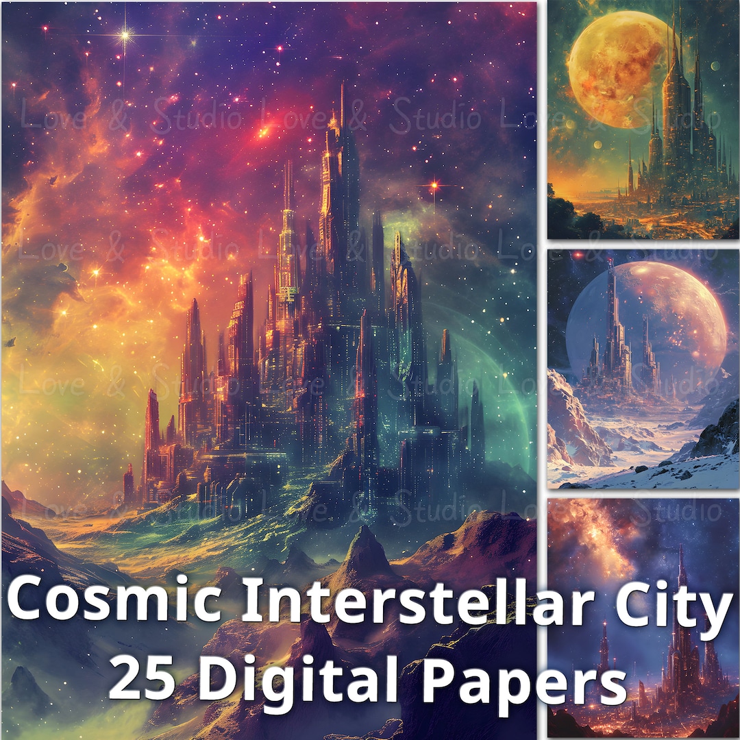 25 Cosmic Interstellar City Digital Paper, Printable Sci-fi Futuristic ...