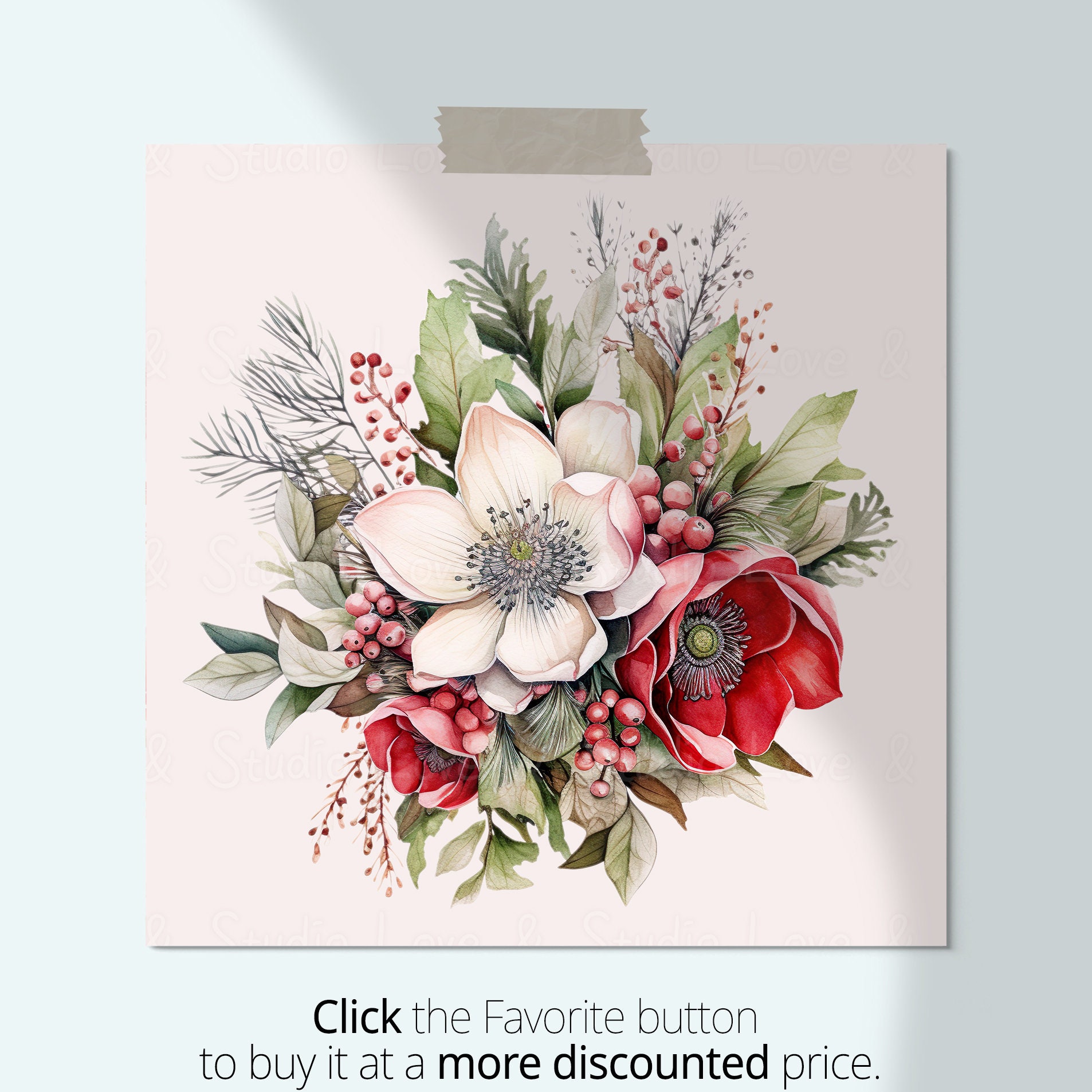 25 Watercolor Christmas Roses Clipart, Christmas Party Digital Supply ...