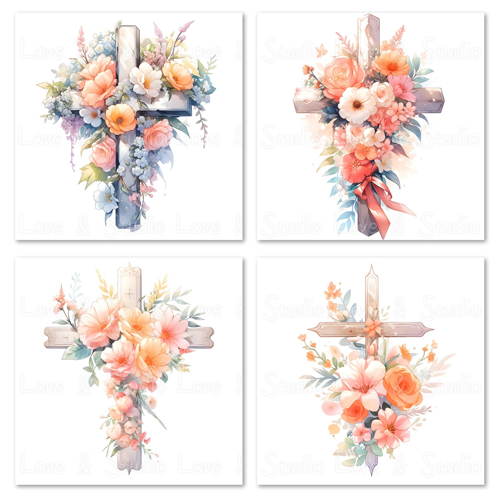 25 Easter Flowered Cross Clipart, Printable Colorful Delight Watercolor ...