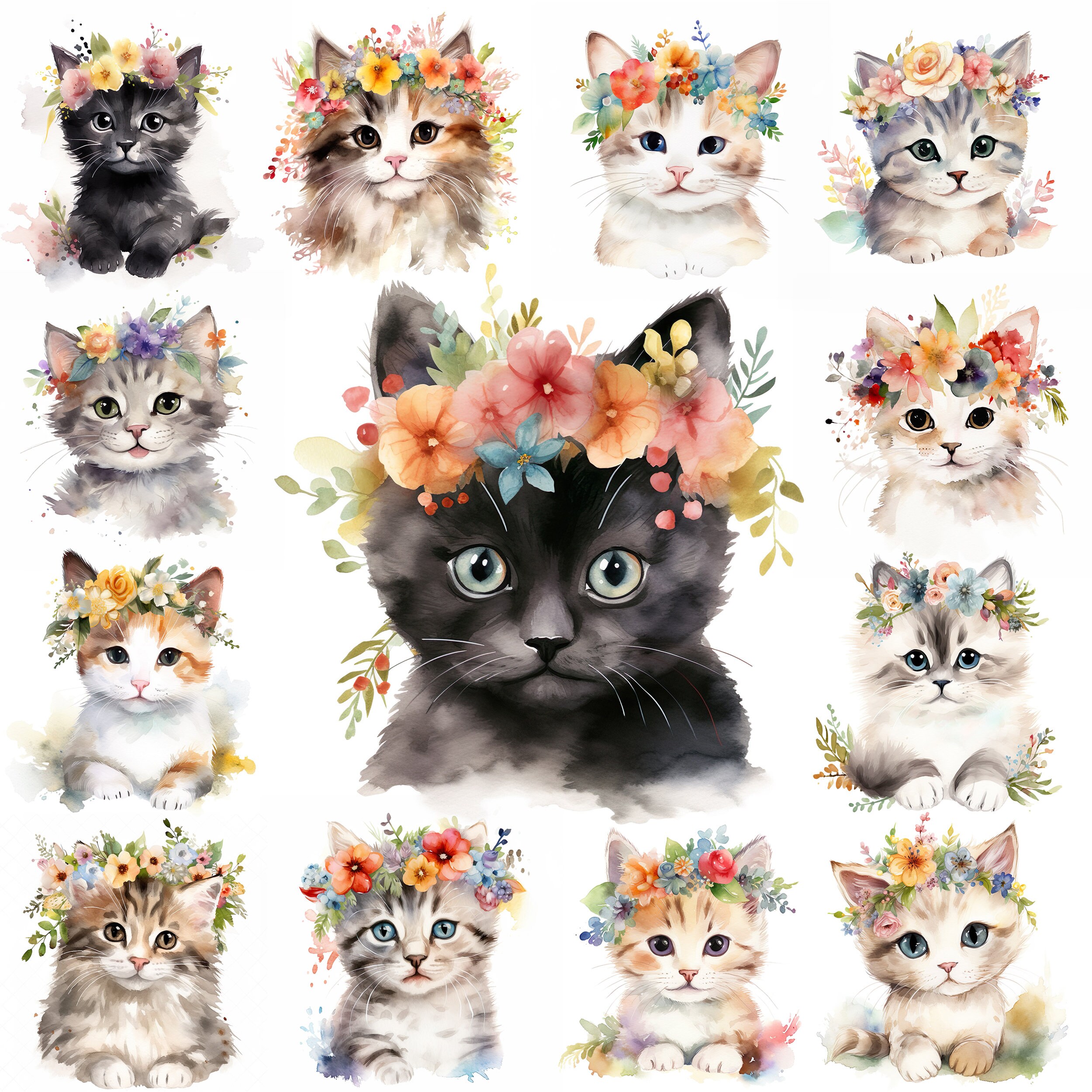 40 Cat Clipart Commercial Use Cute Kitten With Flower Crown - Etsy
