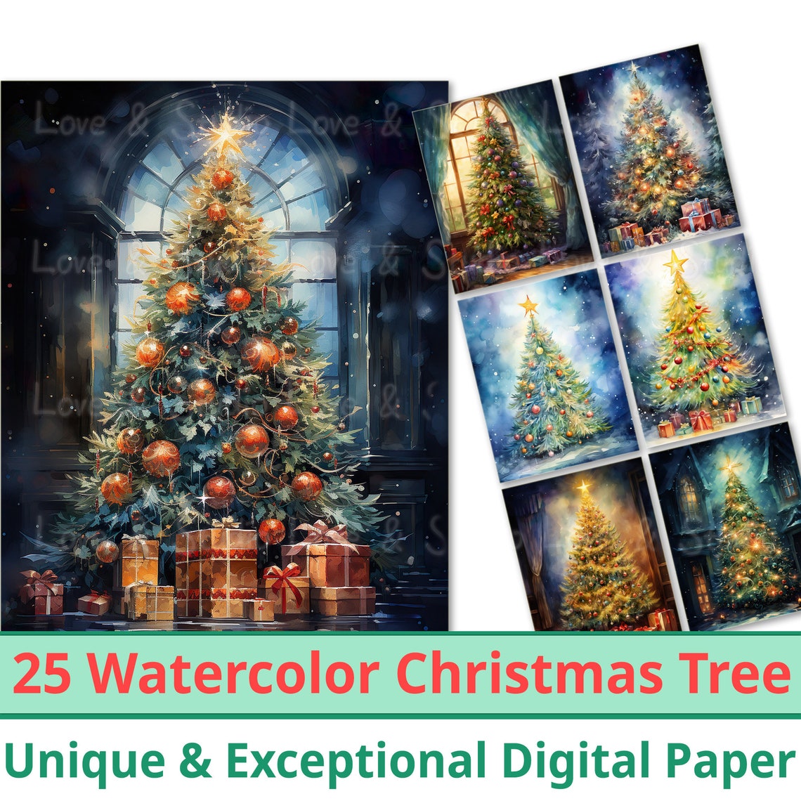 25 Watercolor Christmas Tree Digital Paper, Colorful Ornament ...