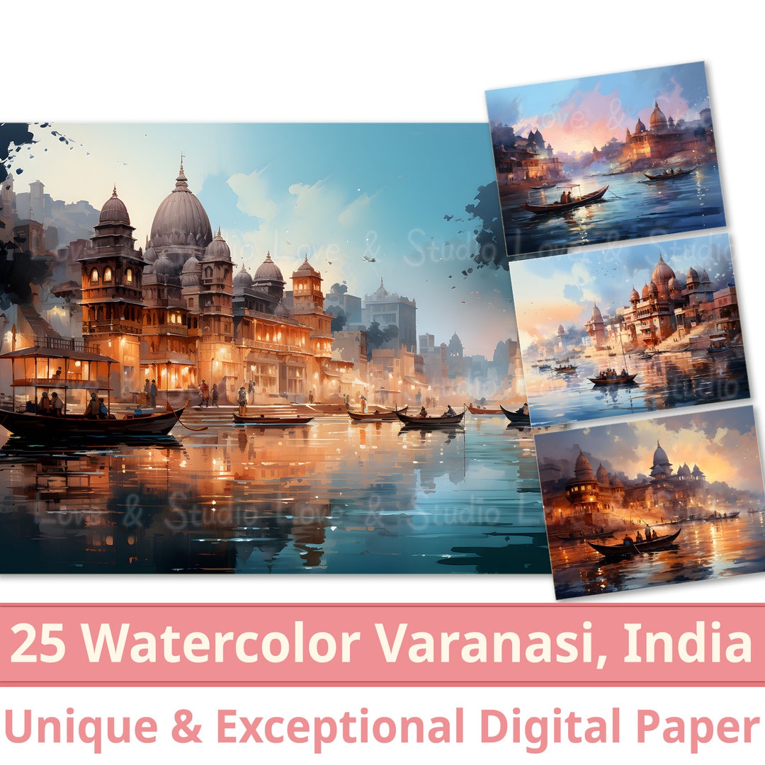 25 View of Varanasi, India Digital Paper, Watercolor With Pen Brush Old ...