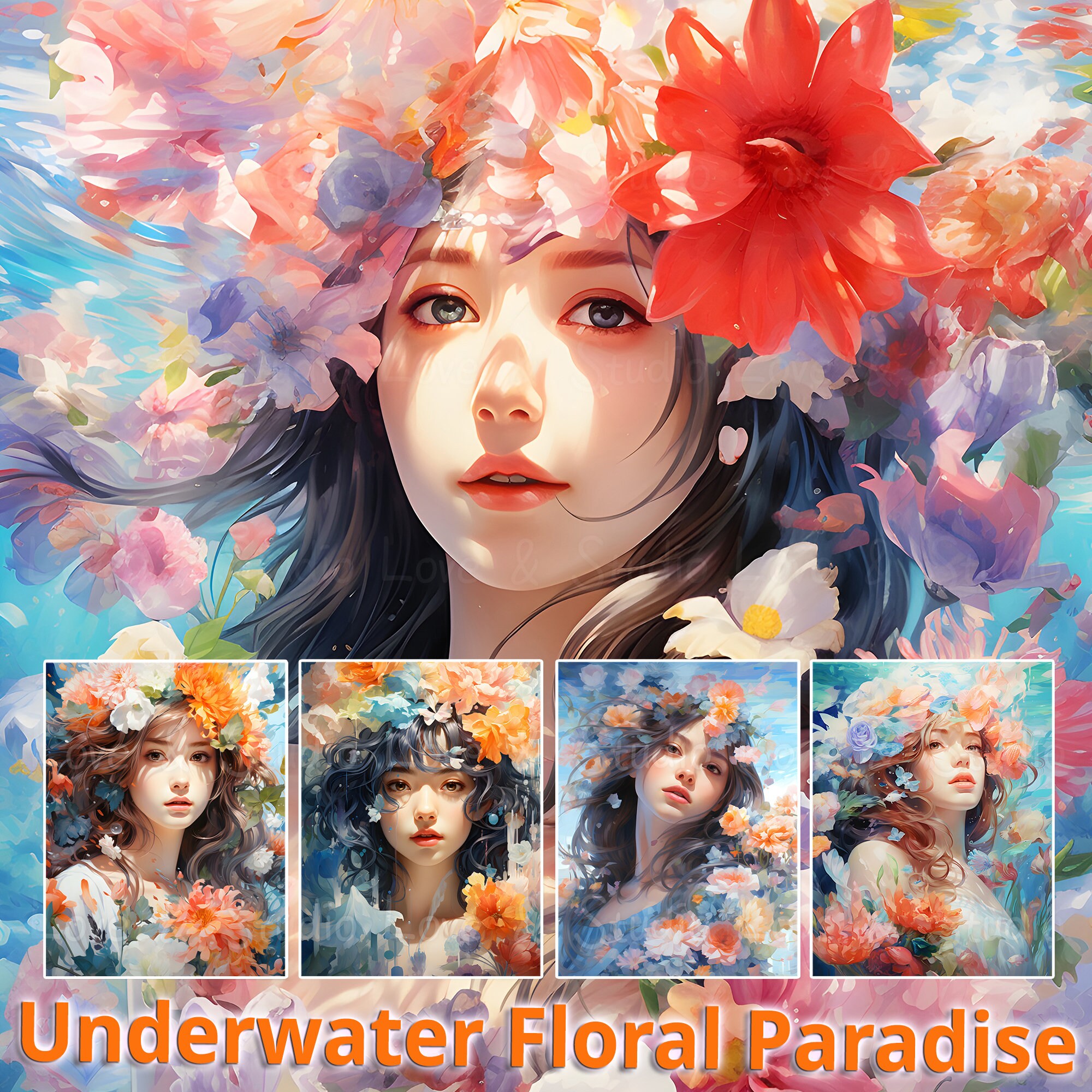 25 Watercolor Girl in an Underwater Floral Paradise Digital Paper ...