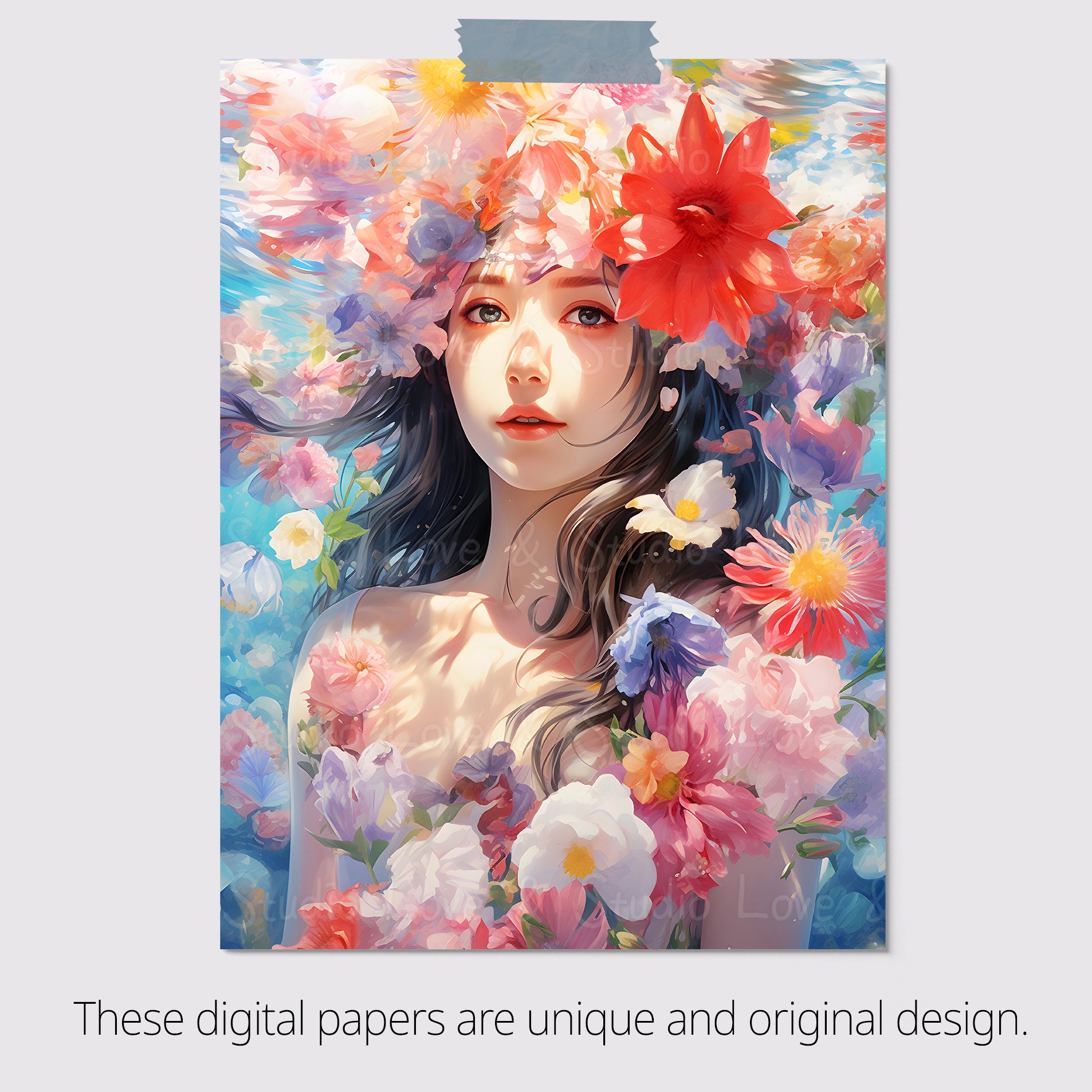 25 Watercolor Girl in an Underwater Floral Paradise Digital Paper ...