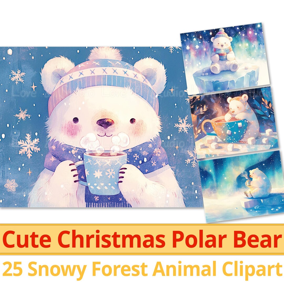 25 Cute Christmas Polar Bear Clipart, Snowy Forest Friend Digital Paper ...